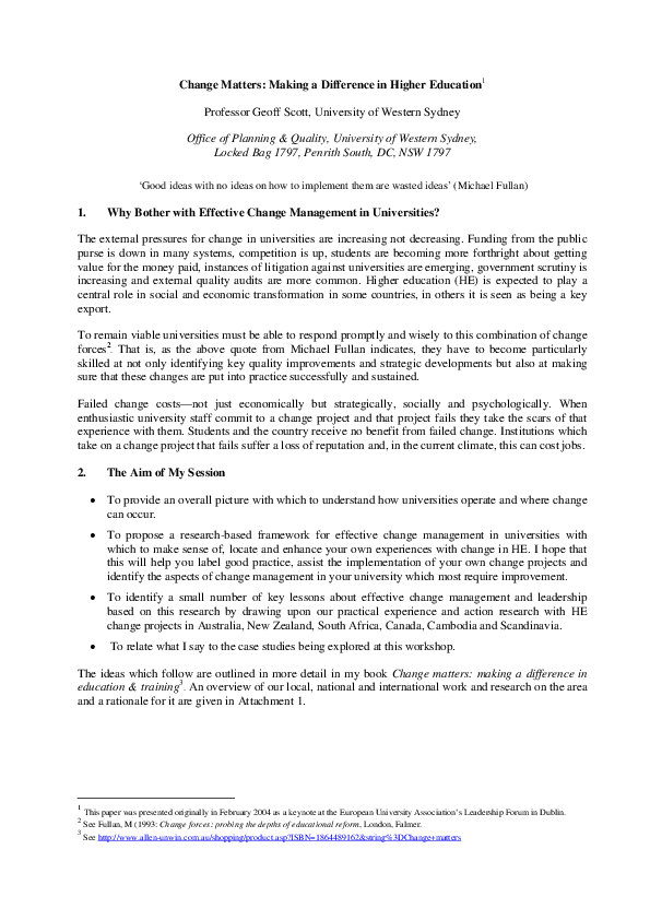 (PDF) Change matters: Making a difference in higher education