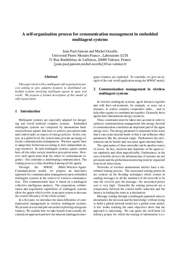 (PDF) A self-organization process for communication management in embedded multiagent systems