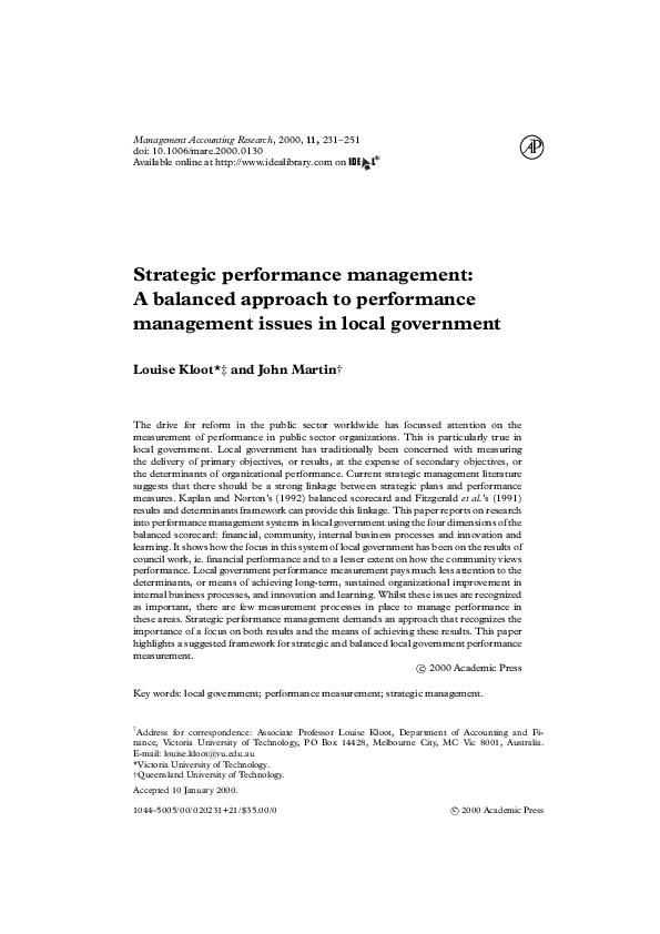 (PDF) Strategic performance management: A balanced approach to ...