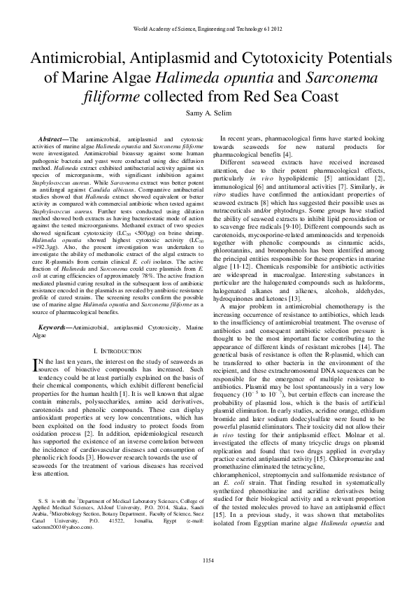(PDF) Antimicrobial, Antiplasmid and Cytotoxicity Potentials of Marine ...