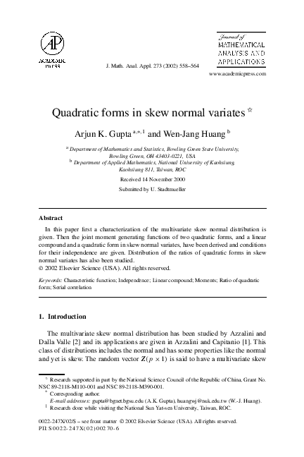(PDF) Quadratic forms in skew normal variates