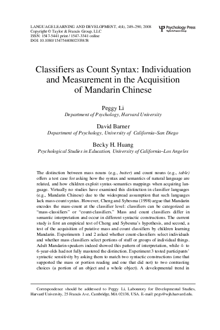 (PDF) Classifiers as count syntax: Individuation and measurement in the ...
