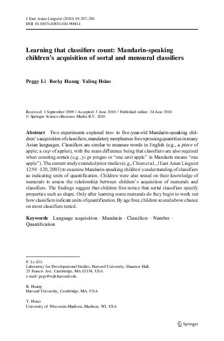 (PDF) Learning that classifiers count: Mandarin-speaking children’s ...