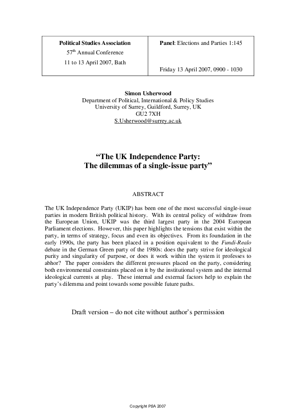 (PDF) The UK Independence Party: The dilemmas of a single-issue party