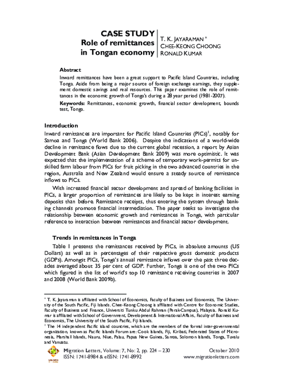 CASE STUDY: Role of remittances in Tongan economy