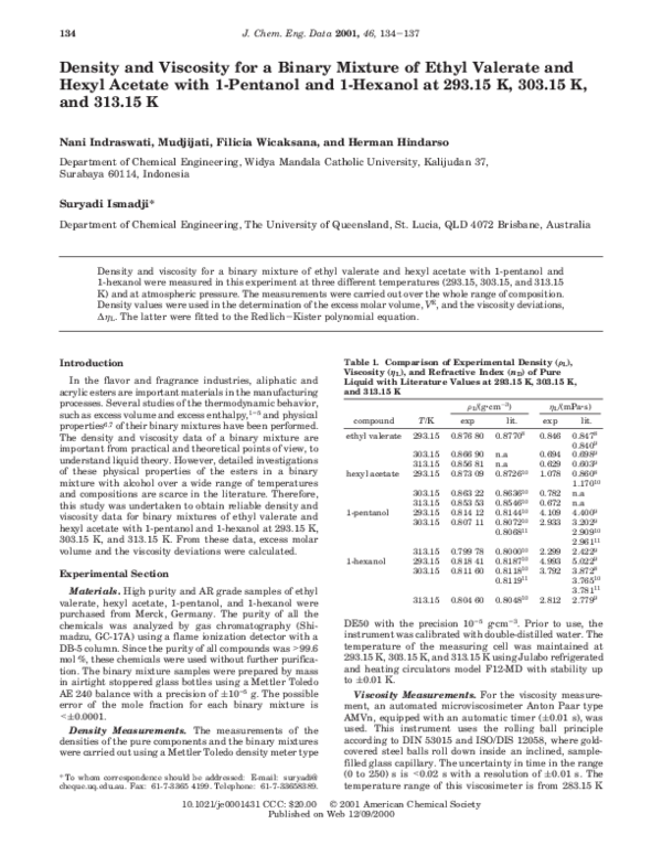 (PDF) Density and Viscosity for Binary Mixture of Ethyl Valerate and ...