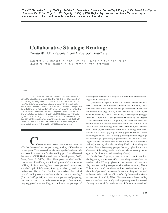 (PDF) Collaborative Strategic Reading: "Real-World" Lessons From ...