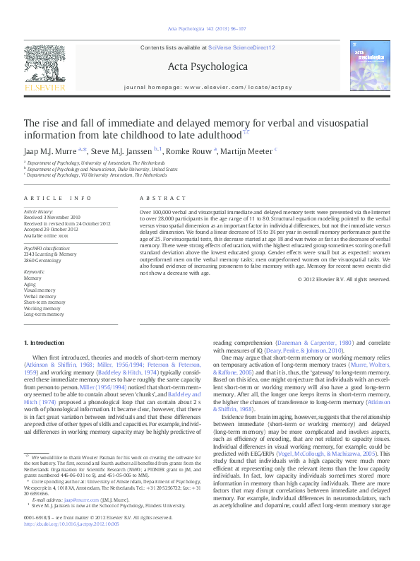 (PDF) The rise and fall of immediate and delayed memory for verbal and ...