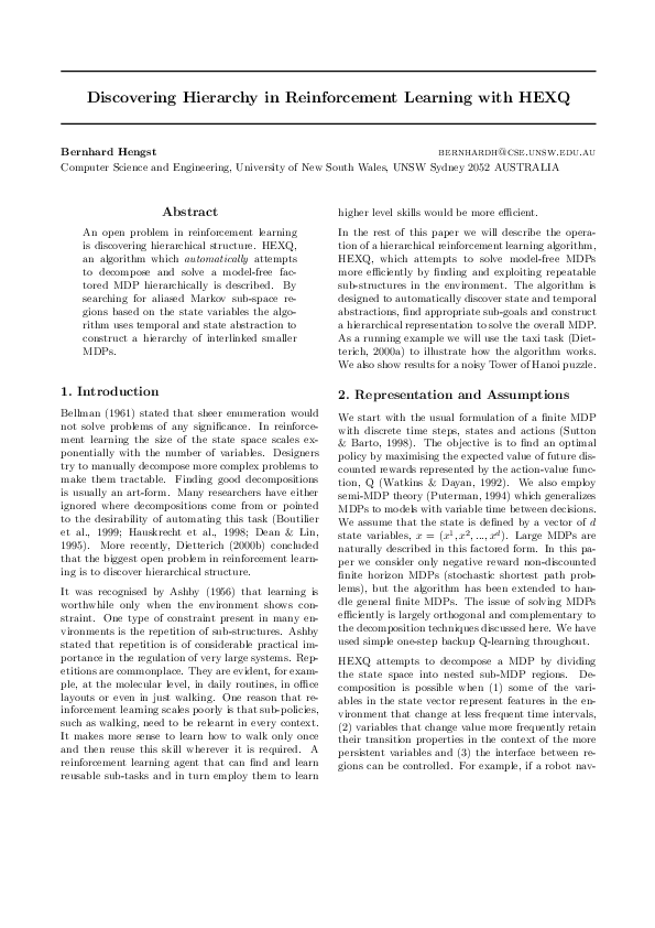 (PDF) Discovering Hierarchy in Reinforcement Learning with HEXQ