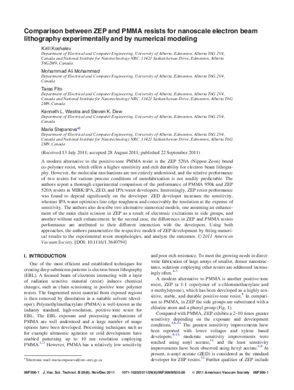 (PDF) Comparison between ZEP and PMMA resists for nanoscale electron ...