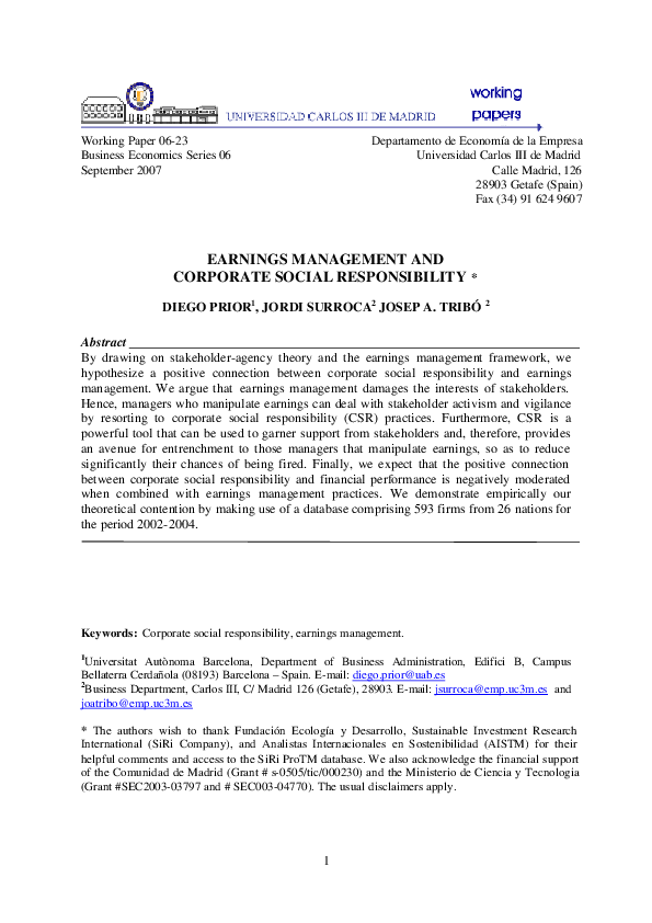 (PDF) EARNINGS MANAGEMENT AND CORPORATE SOCIAL RESPONSIBILITY