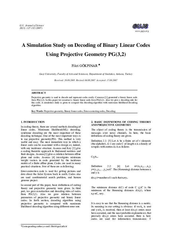 (PDF) A Simulation Study on Decoding of Binary Linear Codes Using Projective Geometry PG (3, 2)