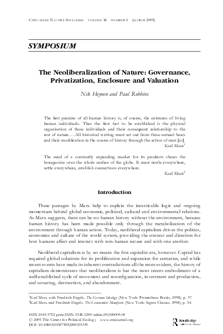 (PDF) The neoliberalization of nature: Governance, privatization ...