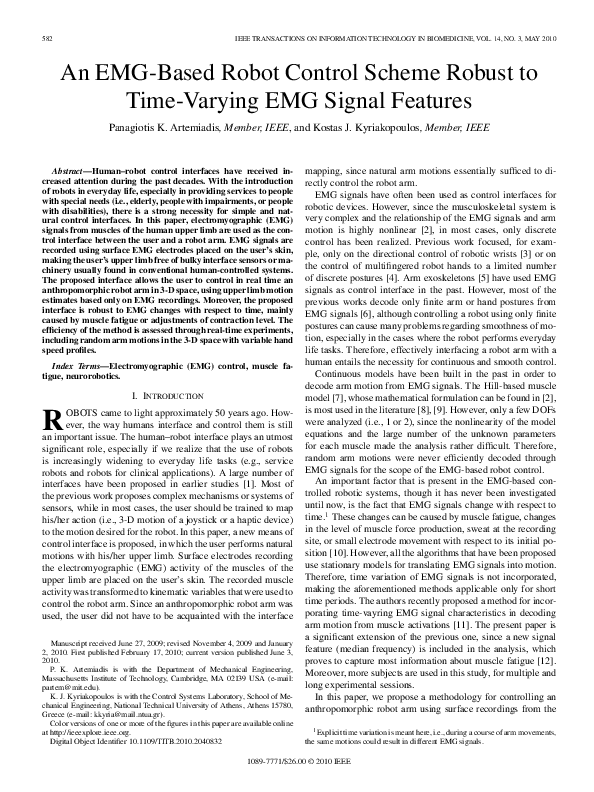 Pdf An Emg Based Robot Control Scheme Robust To Time Varying Emg
