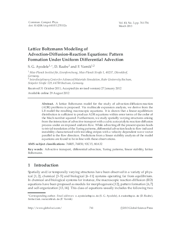 Pdf Lattice Boltzmann Modeling Of Advection Diffusion Reaction Equations Pattern Formation