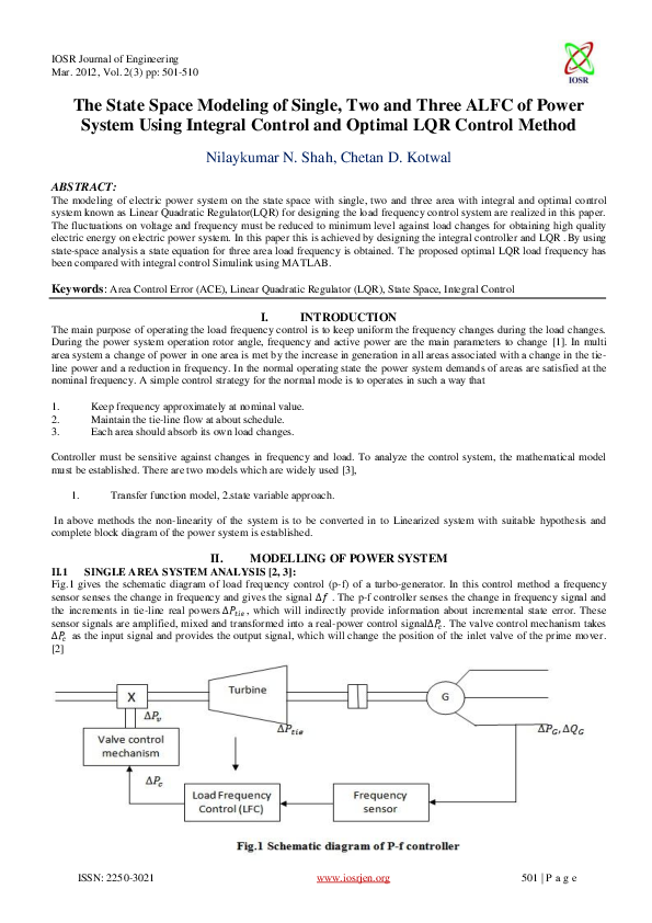 (PDF) The State Space Modeling of Single, Two and Three ALFC of Power System Using Integral ...