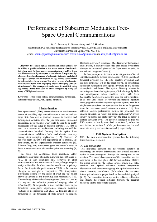 (PDF) Performance of subcarrier modulated free-space optical communications