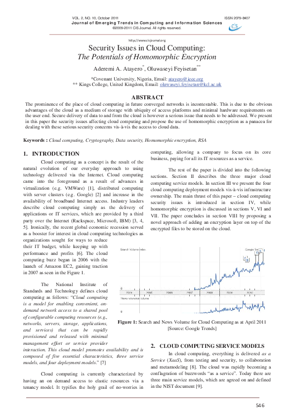 Pdf Security Issues In Cloud Computing The Potentials Of Homomorphic Encryption