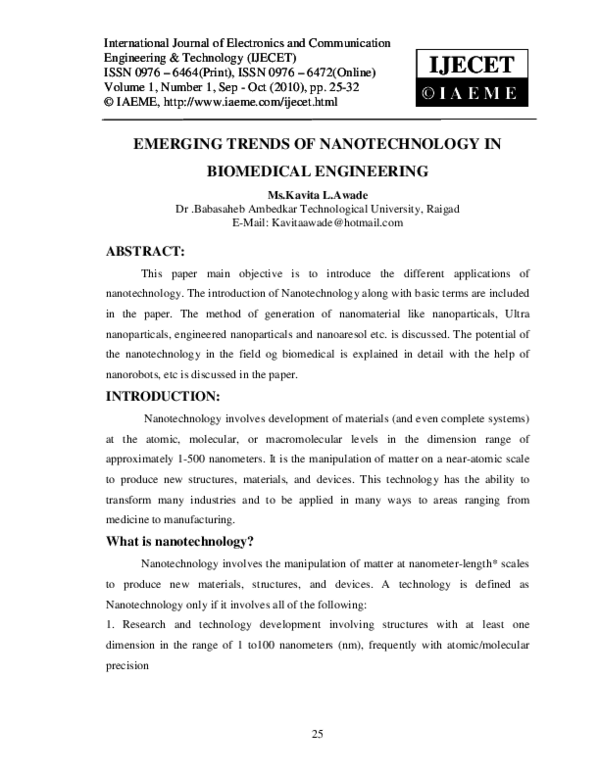 (PDF) EMERGING TRENDS OF NANOTECHNOLOGY IN BIOMEDICAL ENGINEERING