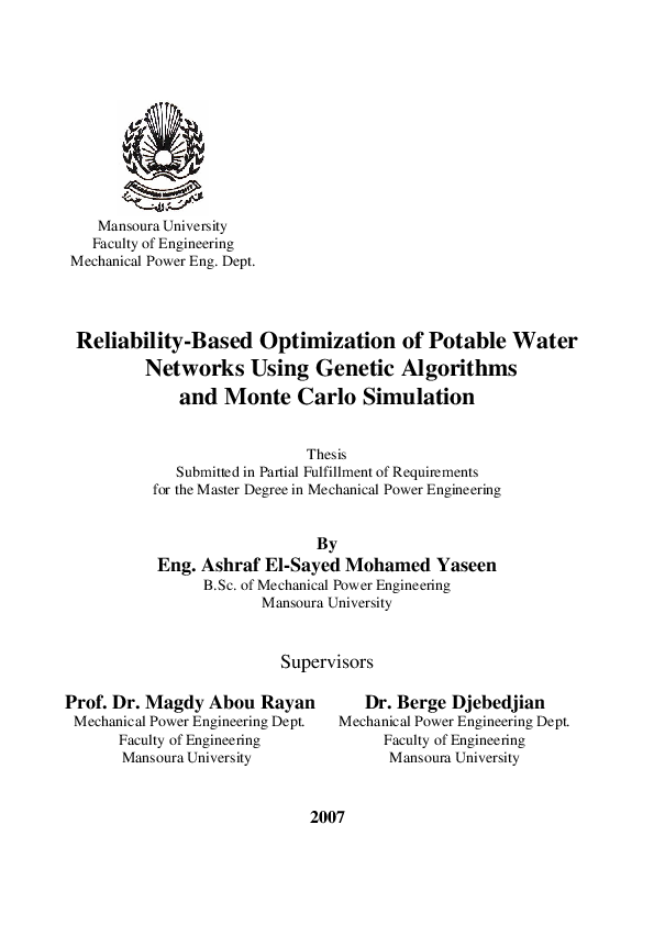 (PDF) Reliability-Based Optimization of Potable Water Networks Using Genetic Algorithms and ...