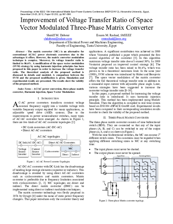 Pdf Improvement Of Voltage Transfer Ratio Of Space Vector Modulated Three Phase Matrix Converter