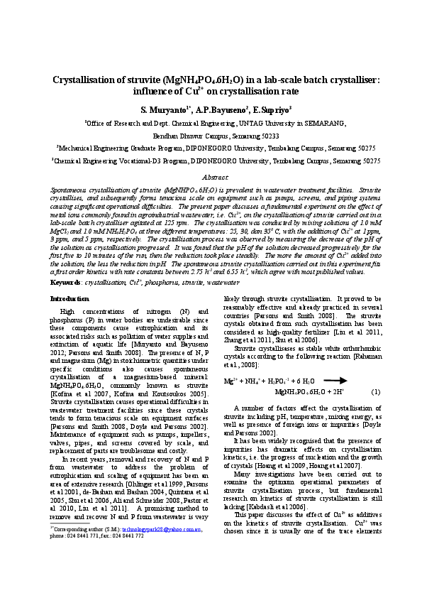 (DOC) Crystallisation of struvite (MgNH4PO4.6H2O) in a lab-scale batch ...
