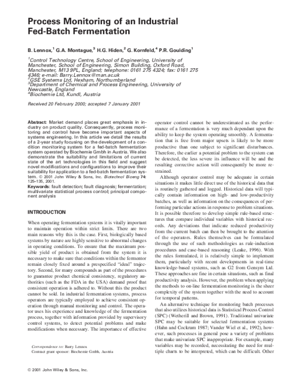 Pdf Process Monitoring Of An Industrial Fed Batch Fermentation