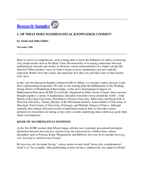 (DOC) Of What Does Mathematical Knowledge Consist? November 1996