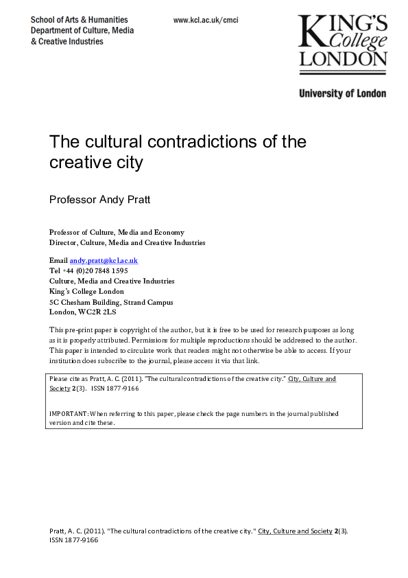 (PDF) The cultural contradictions of the creative city