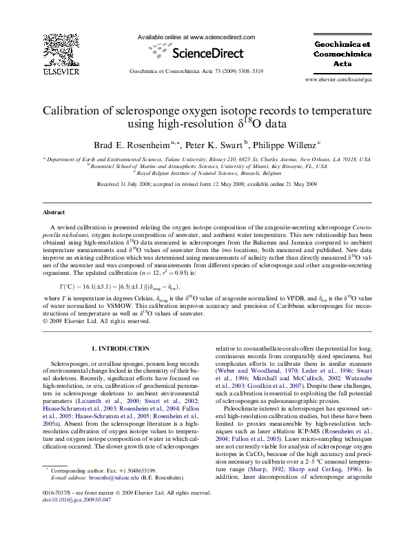 (PDF) Calibration of sclerosponge oxygen isotope records to temperature ...