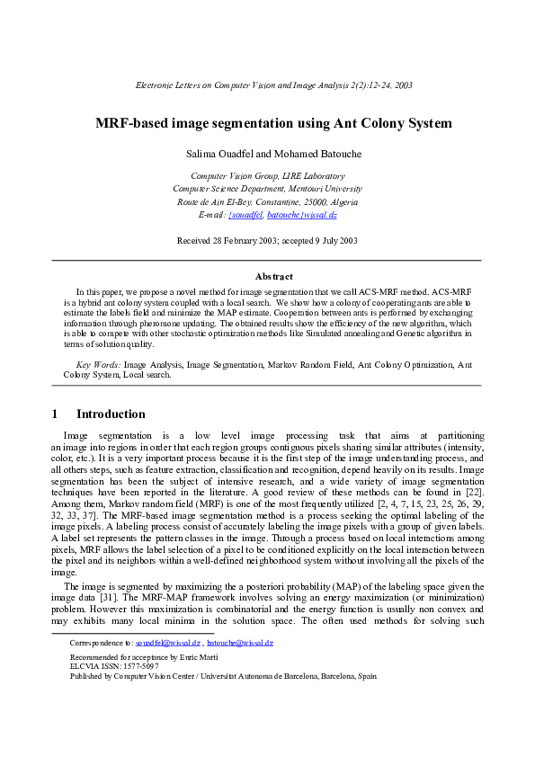 (PDF) MRF-based image segmentation using Ant Colony System