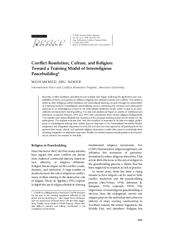 (PDF) Conflict resolution, culture, and religion: Toward a training ...