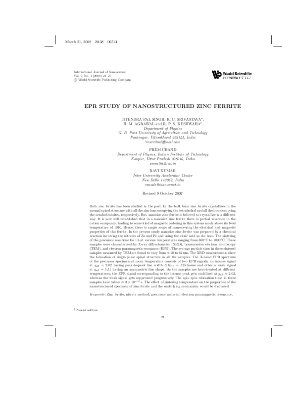 (PDF) EPR STUDY OF NANOSTRUCTURED ZINC FERRITE