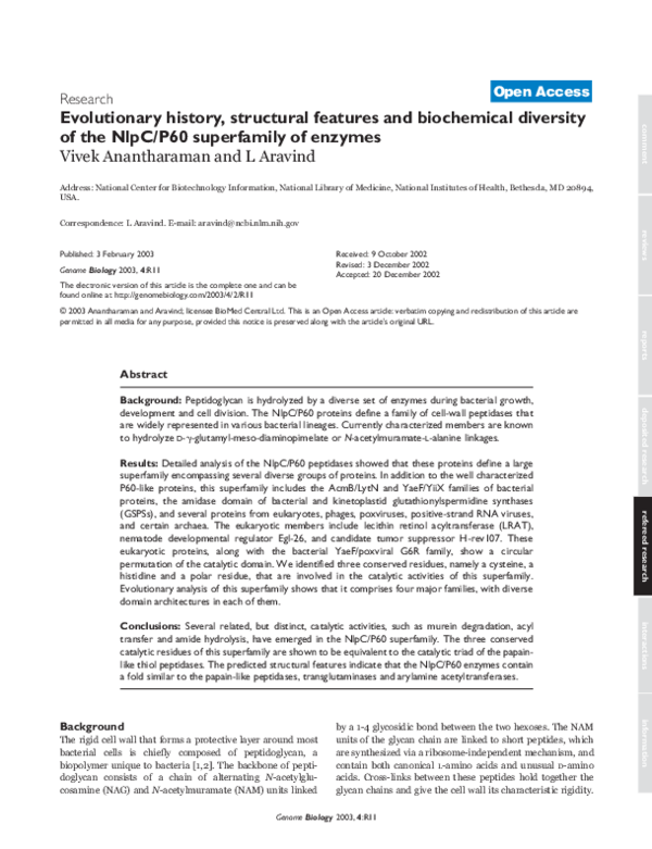 (PDF) Evolutionary history, structural features and biochemical ...