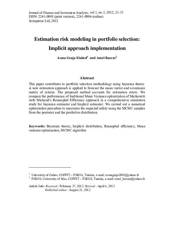 Pdf Estimation Risk Modeling In Portfolio Selection Implicit Approach Implementation
