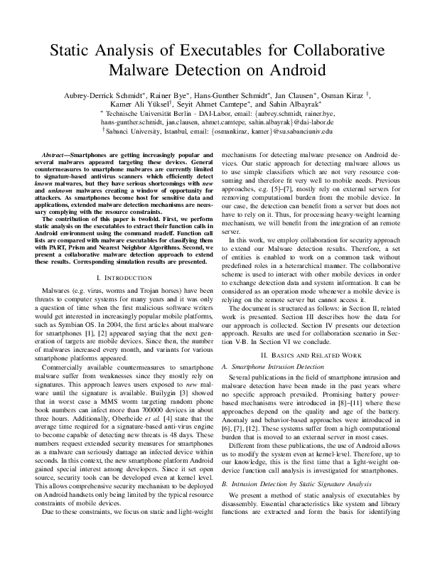 Pdf Static Analysis Of Executables For Collaborative Malware Detection On Android
