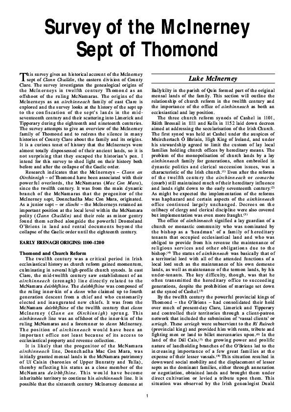 (PDF) Survey of the McInerney sept of Thomond - Part I