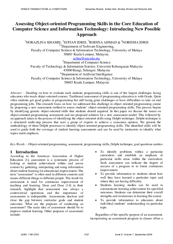 Pdf Assessing Object Oriented Programming Skills In The Core Education Of Computer Science And