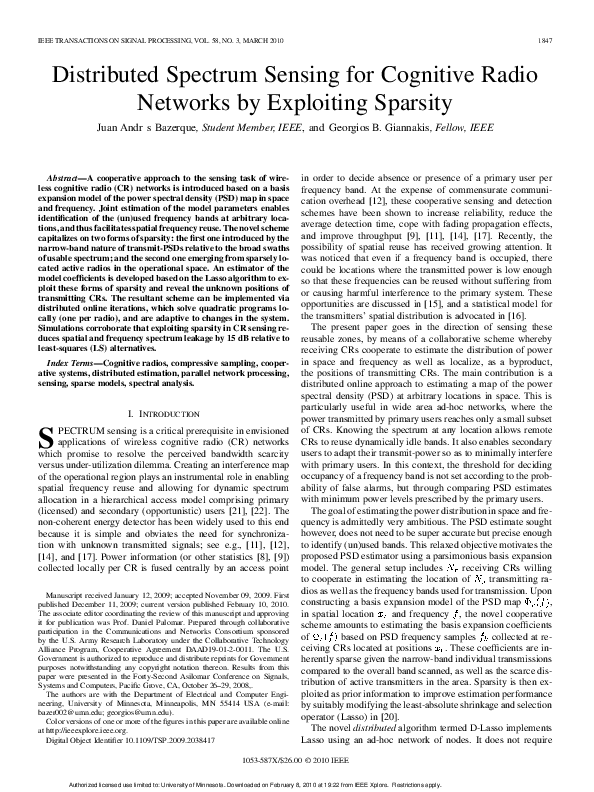 Pdf Distributed Spectrum Sensing For Cognitive Radio Networks By Exploiting Sparsity