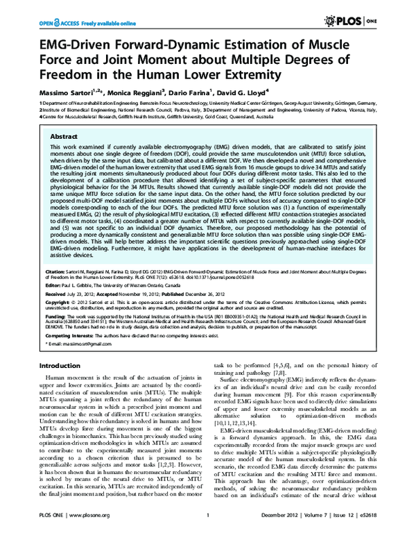 (PDF) EMG-driven forward-dynamic estimation of muscle force and joint ...