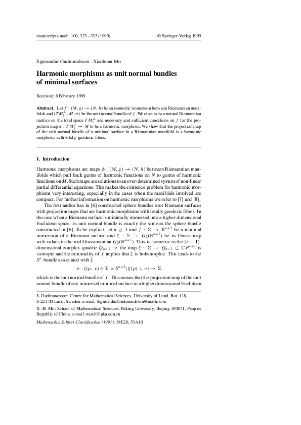 (PDF) Harmonic morphisms as unit normal bundles of minimal surfaces