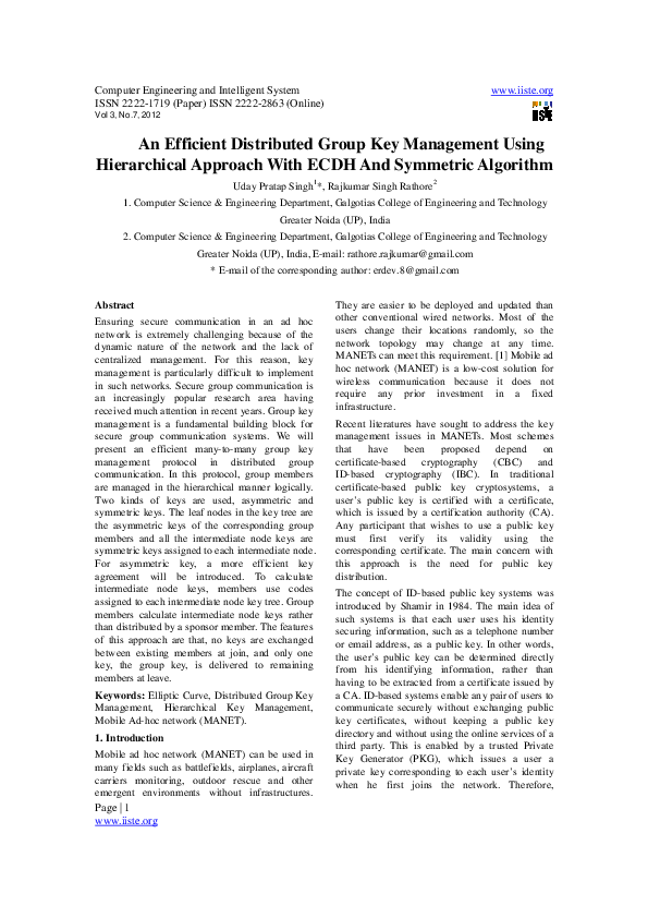 Pdf An Efficient Distributed Group Key Management Using Hierarchical Approach With Ecdh And