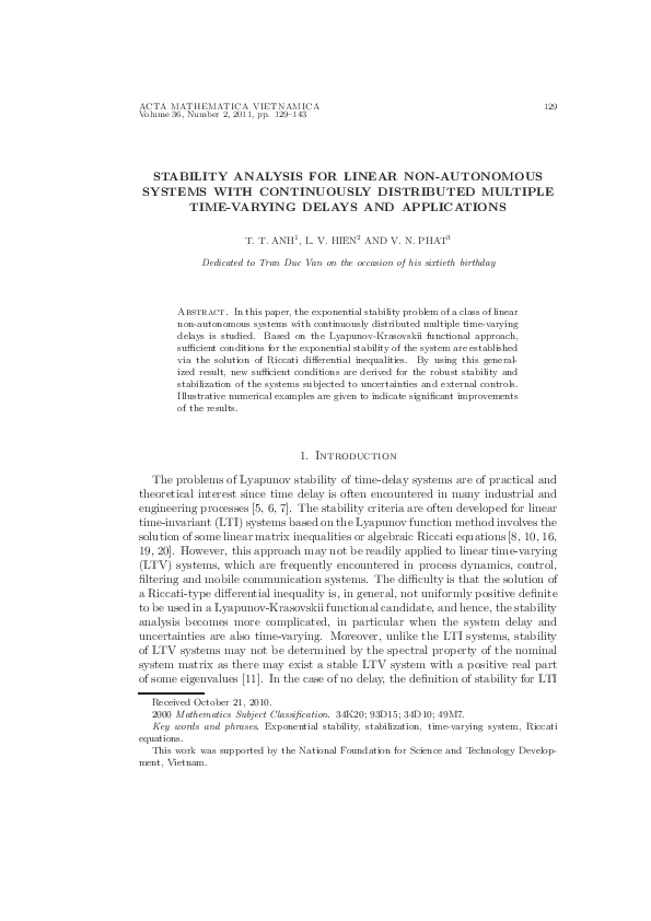 (PDF) STABILITY ANALYSIS FOR LINEAR NON-AUTONOMOUS SYSTEMS WITH CONTINUOUSLY DISTRIBUTED ...