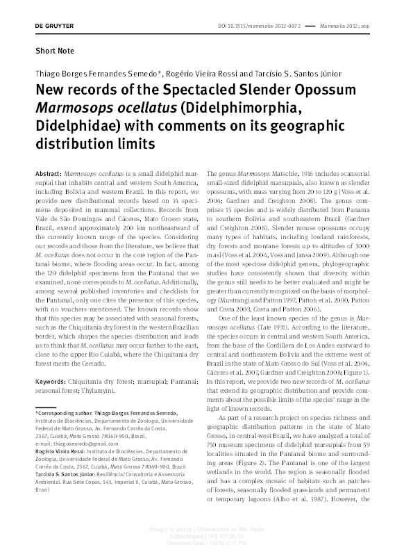 (PDF) New records of the Spectacled Slender Opossum Marmosops ocellatus ...