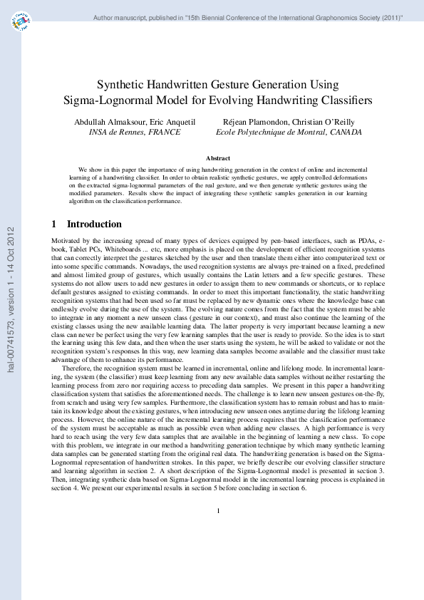 (PDF) Synthetic Handwritten Gesture Generation Using Sigma-Lognormal ...