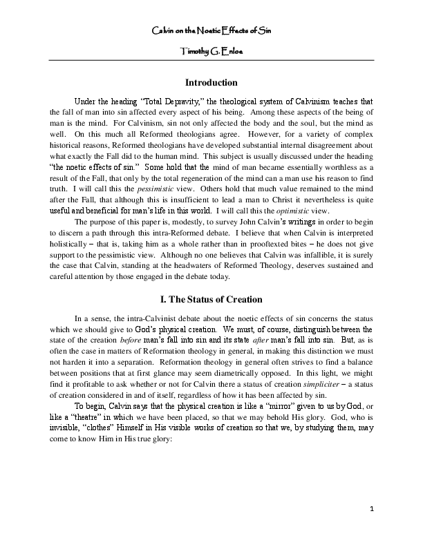 (DOC) Calvin on the Noetic Effects of Sin