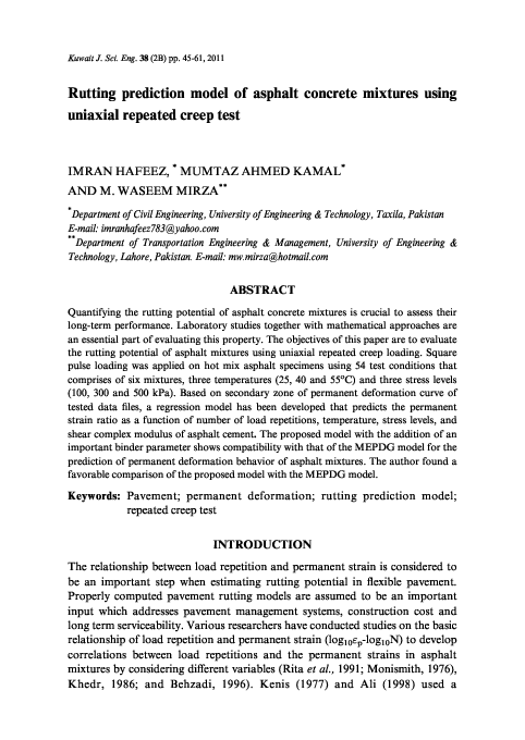 Pdf Rutting Prediction Model Of Asphalt