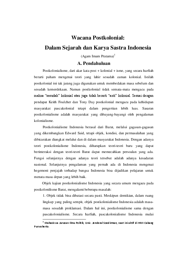 (DOC) Wacana Postkolonial: Dalam Sejarah dan Karya Sastra Indonesia