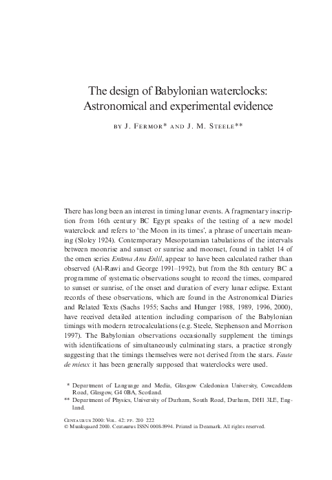 (PDF) The Design of Babylonian Waterclocks: Astronomical and ...