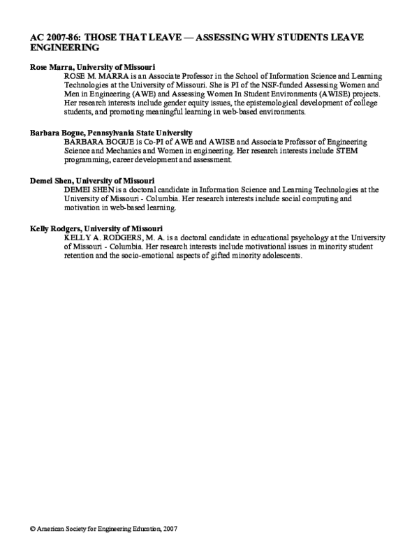 (PDF) AC 2007-86: THOSE THAT LEAVE — ASSESSING WHY STUDENTS LEAVE ...
